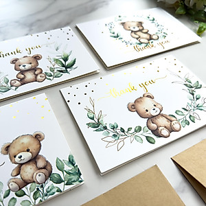 4x6 Greenery Teddy Bear Thank You Cards (Bulk 20-Pack) Baby Shower Thank You Cards with Envelopes, Birthday Party, Weddings, Greeting, Blank Notes, Girl Boy, Gold, Rustic, We can bearly wait