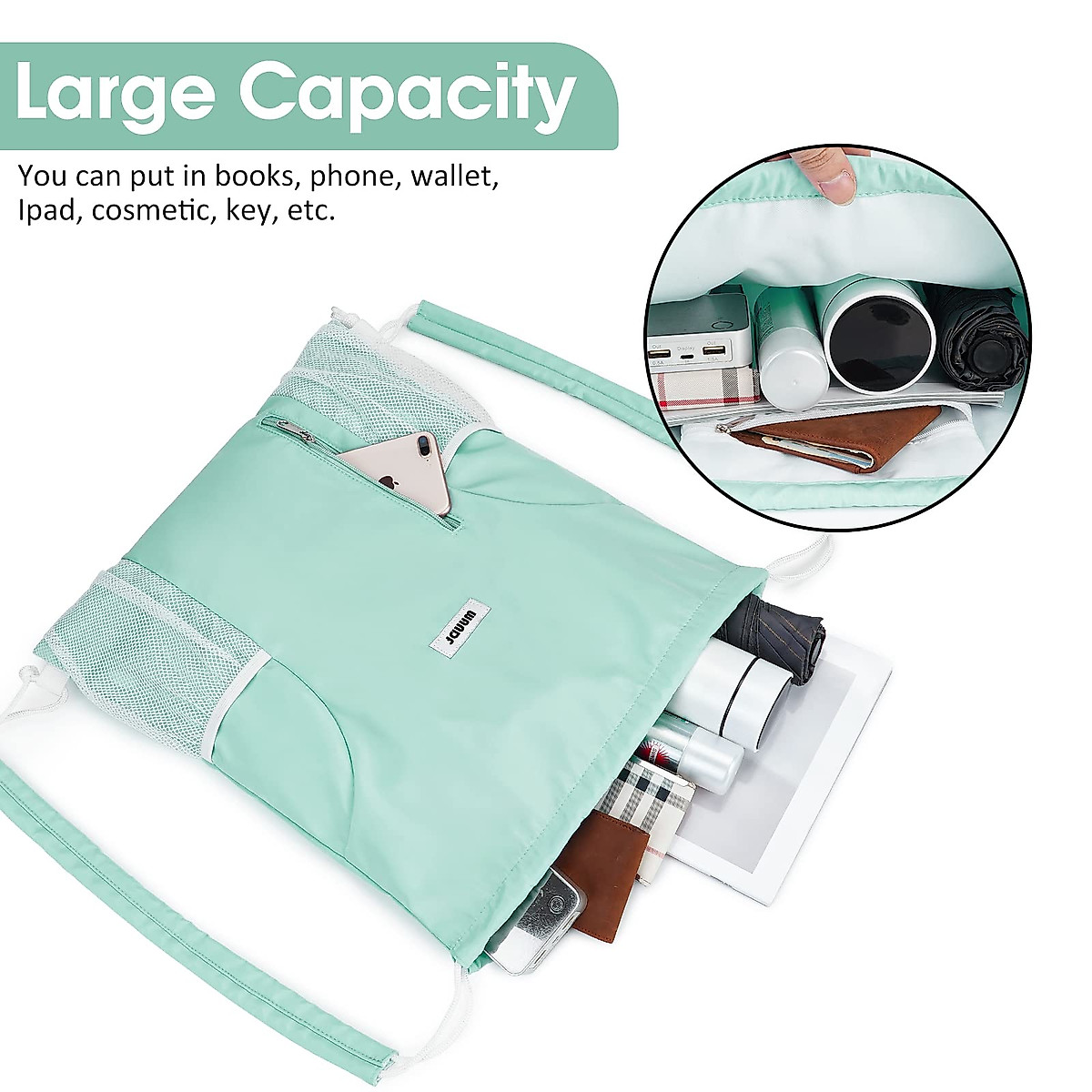 WANDF Drawstring Backpack with Shoulder Pad Sports Gym Backpack with Mesh Pocket String Bag for Women Men(Mint green)