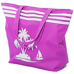 Beach Bag Womens Large Canvas Summer Tote Bags With Zipper Closure 19" x 15" x 6" Palm tree Pattern (Purple)