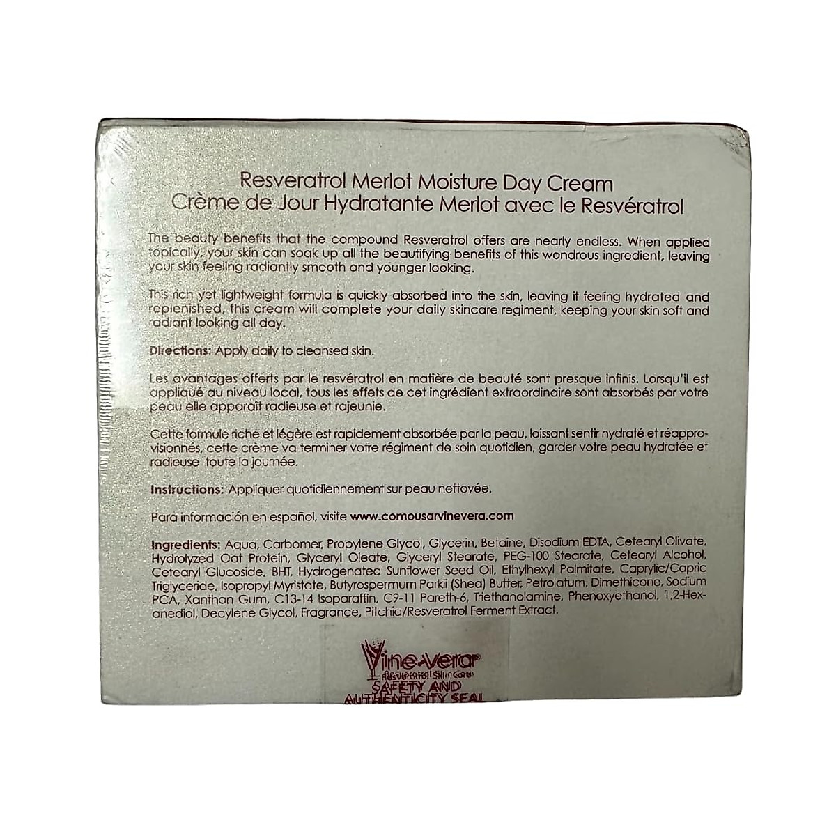 Vine Vera Resveratrol Merlot Moisture Day Cream Resveratrol Skin Care Face Moisturizer - Merlot Face Cream for All Skin Types Products for Anti Aging - 52 G / 1.83 Oz