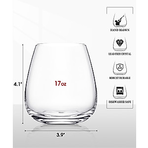 Stemless Wine Glasses Set of 4-17oz，Red White Wine Glasses Hand Blown Crystal - Unique gifts for him/her for wedding, birthday, Christmas, Mother's Day, father's day, anniversary - clear
