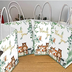 HEETON 24pcs Woodland Gift Bags Woodland Baby Shower Party Supplies Decorations Fox Gift Bags with Handles Bulk, Paper Bags, Shopping Bags,Retail Bags, Party Bags