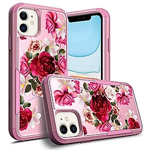 Compatible for Apple iPhone 11 Cases, Pink Cute Women & Girls Heavy Duty [ Red Rose Floral ] Cover with [ Shockproof ] Protective Flower Phone Case for iPhone 11 -TQ RR