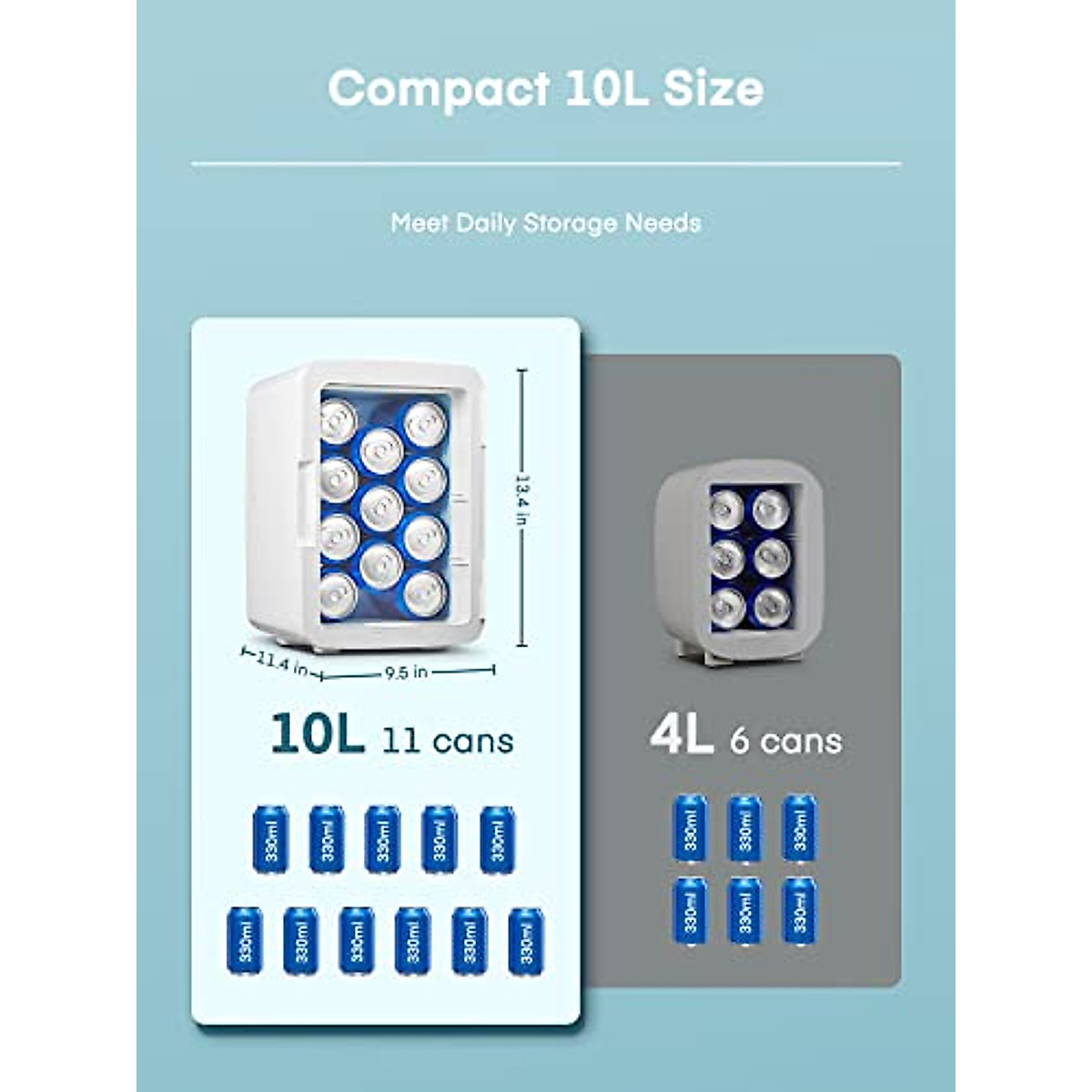 FOHERE Skincare Mini Fridge for Bedroom 10 Liter/11 Can, Portable Mini Fridge for Food, Beverage, Cosmetics, Snacks, Cooler and Warmer Function, AC/DC Small Refrigerator with Mirror, White