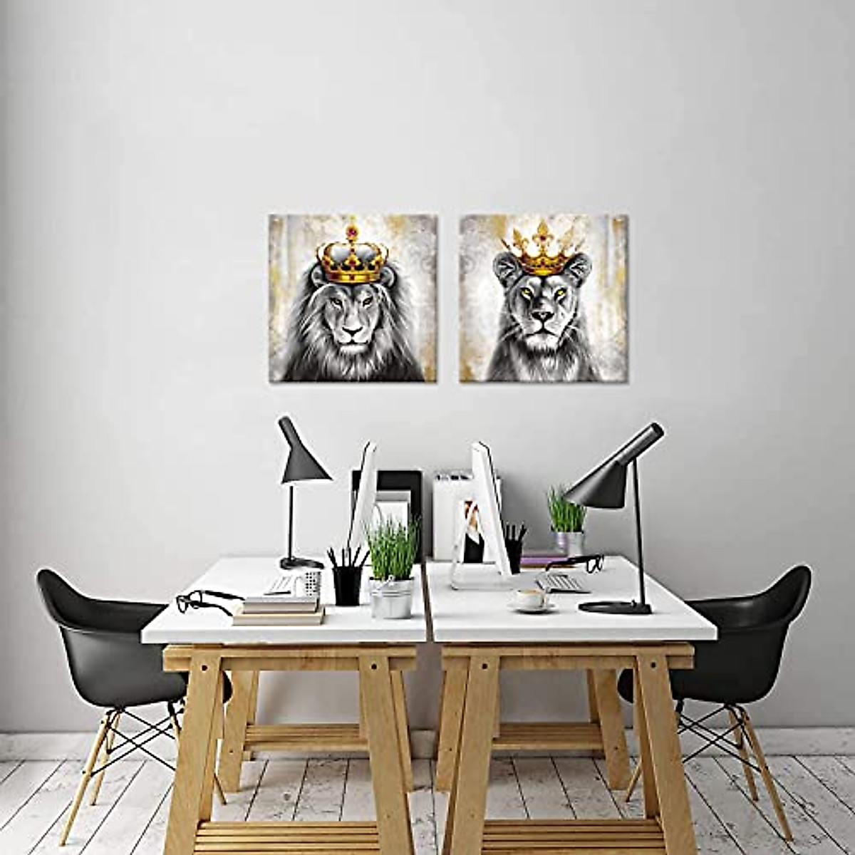 DuoBaorom 2 Pieces King Animal Lion and Lioness Canvas Wall Art Lion with Gold Crown Grey and Gold Picture Artwork Giclee Print Gallery Wrap for Bedroom Home Decor Ready to Hang 12x12inchx2pcs