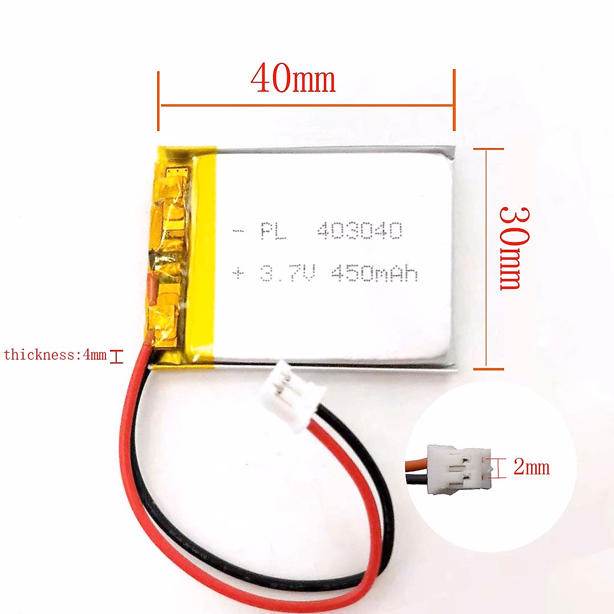 CaoDuRen Rechargeable 3.7V Li Lipo Lithium Polymer Ion Battery Pack with 2 Pin 2.0mm/1.25mm JST Connector (403040 450mAh 2.0Jst)