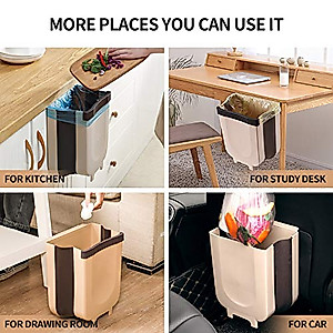 SheMarie Hanging Collapsible Trash Can - 9L Wall Mounted Foldable Waste Bin for Kitchen Cabinet Door - Quickly Clean Counter, Sink, Bathroom - RV, Car, Camping Folding Garbage Basket (Brown)