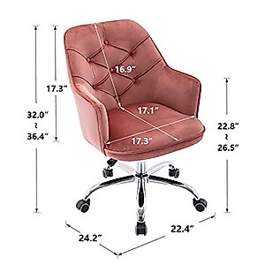 Henf Velvet Home Office Chair on Wheels, 360° Swivel Chair Desk Chairs Vanity Chair Modern Tufted Chair with Armrest, Height Adjustable Comfortable Upholstered Office Chair Task Chair (Warm Pink)