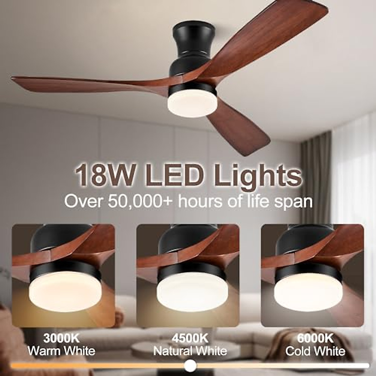 BOOSANT 60" Flush Mount Ceiling Fan with Lights, 60 Inch Ceiling Fans with Remote Control, Low Profile Ceiling Fan for Outdoor Patios, Hugger Ceiling Fan, Quiet Reversible DC Motor (Dark Walnut)