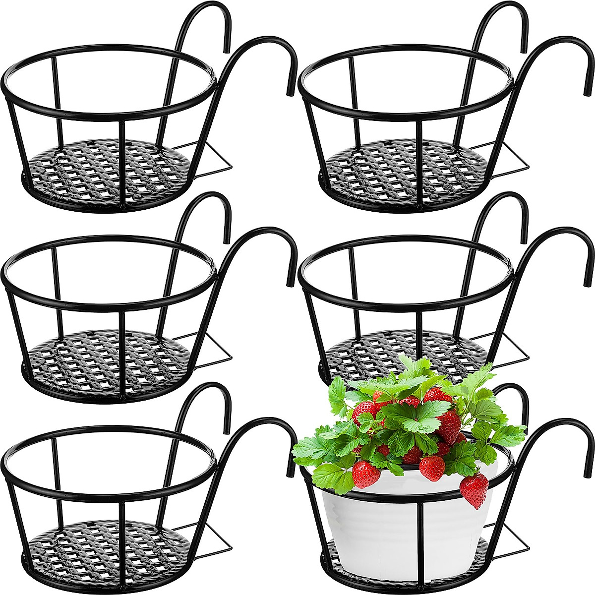 Dandat 6 Pcs 8.7'' Iron Metal Railing Flower Pot Hanging Railing Planter Baskets Stair Railing Plant Holder for Patio Balcony Outdoor Plants(Black)