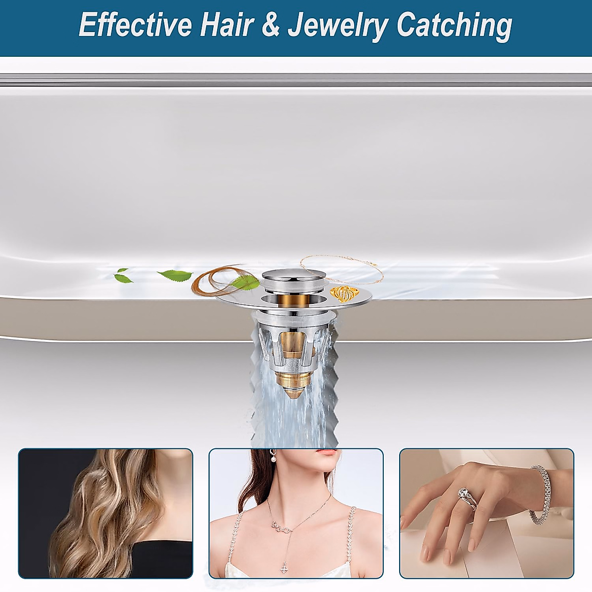 Omruciy Universal Bathroom Sink Stopper - Upgraded Pop Up Sink Drain Strainer, Fits 1.1-1.5 Inch U.S. Standard Drain Holes - Anti-Clogging Filter with Sink Hair Catcher - Pure Brass Sink Drain Stopper