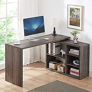 HSH L Shaped Computer Desk, Rustic Wood Corner Desk, Industrial Writing Workstation Table with Cabinet Drawer Storage for Home Office Study, Grey 55 inch