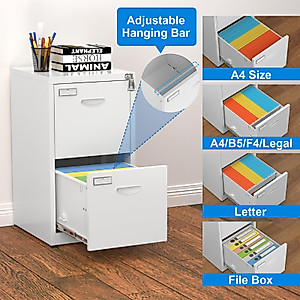 2 Drawer Filing Cabinet with Lock, Vertical White Metal File Cabinet for Home Office, Modern Locking Steel File Storage Cabinet Narrow Files Cabinets for Hanging A4/Legal/Letter Size-Assembly Required