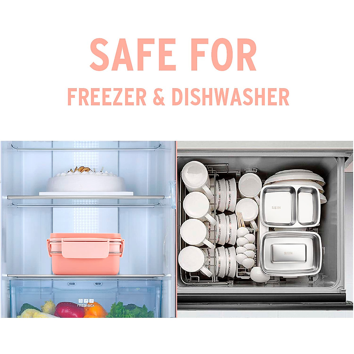 Freshmage Stainless Steel Bento Box for Adults & Kids, Leakproof Stackable Large Capacity Dishwasher Safe Lunch Container with Divided Compartments, Pink