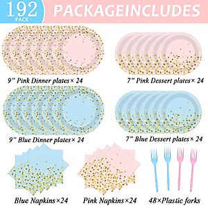 192PCS Gender Reveal Party Supplies Baby Shower Party Tableware Gender Reveal Plates and Napkins Plastic Forks Boys Girls Blue and Pink Paper Plates for Baby Shower Wedding Birthday Party 48 Guests