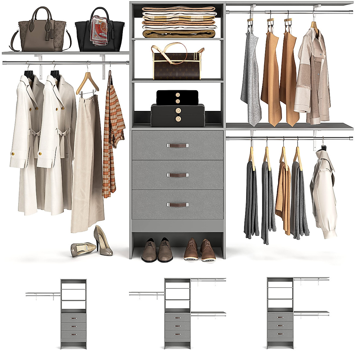 Armocity 96 Inches Closet System, 8FT Walk In Closet Organizer with 3 Shelving Towers, Heavy Duty Clothes Rack with 3 Drawers, Built-In Garment Rack, 96" L x 16" W x 75" H, Max Load 1000 LBS, Grey