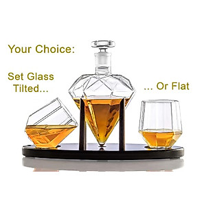 Whiskey Decanter Diamond shaped With 2 Diamond Glasses & Mahogany Wooden Holder – Elegant Handcrafted Crafted Glass Decanter For Liquor, Scotch, Rum, Bourbon, Vodka, Tequila – Great Gift Idea – 750ml