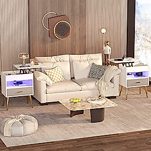 Cyclysio 35 Inches Nightstand with Reversible Lift Top, Large Night Stand with LED Lights, Tall Bedside Table with Charging Station, High End Side Table for Bedroom, Sofa Side, Living Room, White