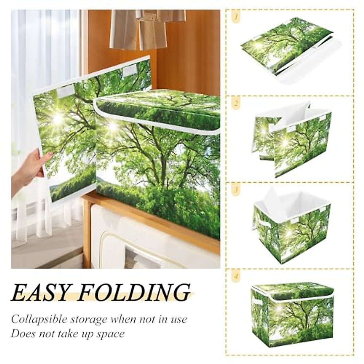 DIGTIA Storage Bins with Lids Majestic Green Tree Foldable Storage Boxes with Handles Sun Shines Large Storage Basket Collapsible Organizer Containers for Closet Home Bedroom Office