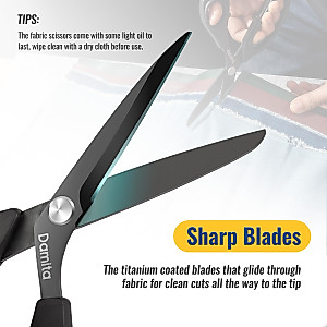 Damita 8.5" Fabric Scissors - Black Titanium Coated, Heavy Duty Premium Forged Sewing Scissors With TPR Grip Handles for Tailor, Leather, Dressmaking, Office and More