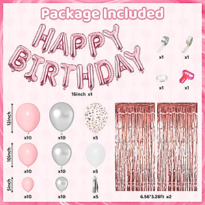 Ouddy Life Pink Happy Birthday Party Decorations for Women Girls, Pink Happy Birthday Love Crown Bow Bottle Lipstick Balloons Fringe Curtain for Princess Birthday Wedding Baby Shower Party Supplies