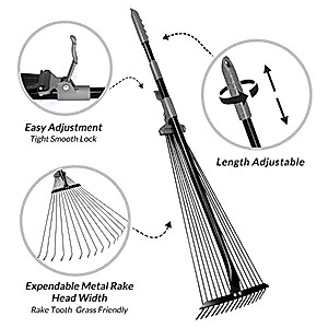 Walensee Garden Leaf Rake 64 Inch Adjustable Folding Leaves Rake Tools Metal Rake with Expandable Head from 7-22 Inch Expanding 15 Tines Shrub Rake to Collect Leaf & Poop Among Lawn and Yards 1 Pack
