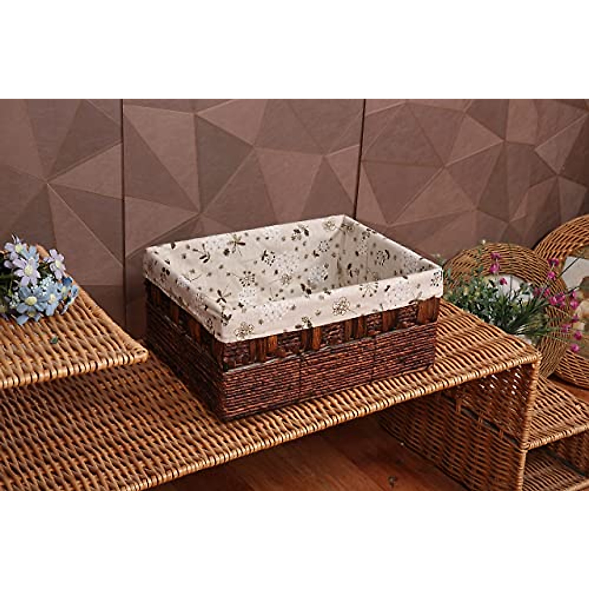 Rectangular Woven Water Hyacinth Storage Baskets Large Handmade Basket for Shelves Bathroom Kitchen Office Desk (Style D)