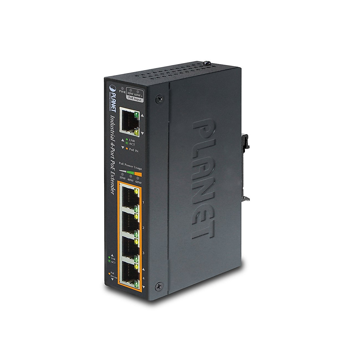 IPOE-E174 IP30 Industrial 1-Port 60W Ultra POE to 4-Port 802.3af/at Gigabit POE Extender (-40 to 75°C)