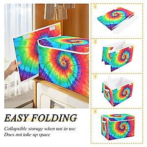 Gredecor Storage Basket Bins with Lid Spiral Tie Dye Rainbow Storage Boxes Organizer with Handle 16.5"x12.6"x11.8" Large Collapsible Storage Cube for Toys Bedroom Nursery Home