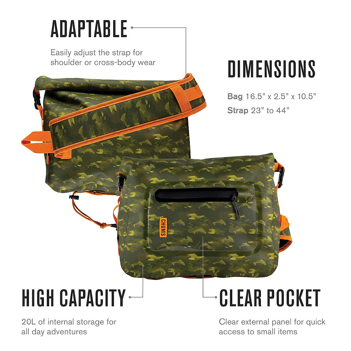 Chums Storm Sling LTD Crossbody Backpack – Adjustable Hiking & Fishing Gear Sling Bag For Men and Women (Fish Camo Green)