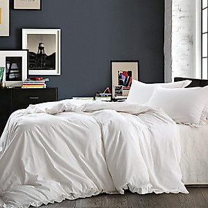 NTBAY Linen 3 Pieces Duvet Cover Set Solid Color with Exquisite Ruffles Design, Breathable, Queen Size, Ivory