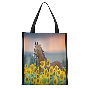 Reusable Lunch Bag Horse Sunflowers Insulated Lunch Box Lunch Tote with Aluminum Foil, Handbag for Office School Kids Teen