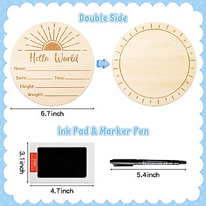 R HORSE Baby Birth Announcement Sign with Marker Pen, Wooden Baby Birth Sign with Ink Pad for Baby Hand and Footprints, Double-sided Boho Sun Newborn Announcement Sign for Baby Shower Keepsakes