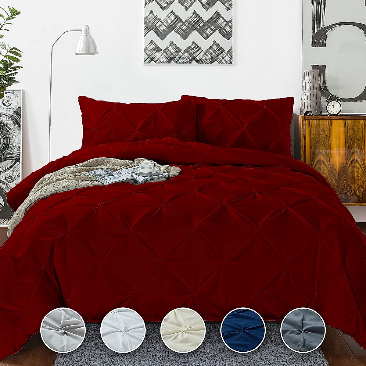 Crown Collection Luxuriate Hotel 1000-TC Hypoallergenic Ultra Soft Design 100% Egyptian Cotton Pinch Plated Duvet Cover with Zipper Colser & 2pcs Pillow Case Set (Super King 98x108, Burgundy)