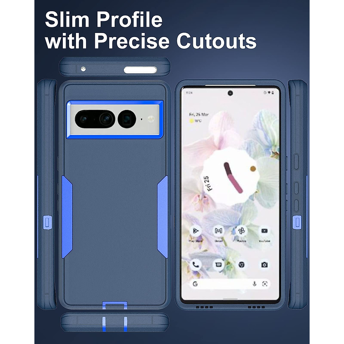 Dahkoiz for Google Pixel 7 Pro Case, with Dust-Proof Port Cover, Full Body Protection Rubber Protective Case for Google Pixel 7 Pro, Blue/Navy