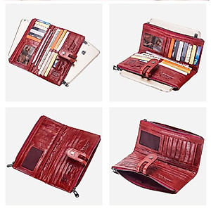 Contacts Womens Clutch Wallet Leather Checkbook Purse for Women Bifold Long Zipper Wallet Phone Card Holder (Red)