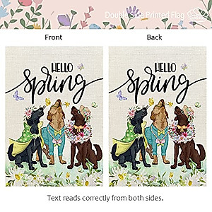 CROWNED BEAUTY Hello Spring Dogs Garden Flag Floral 12x18 Inch Double Sided for Outside Burlap Small Yard Flag CF748-12