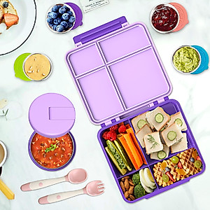 Aimsnk Kids Bento Lunch Box with 8oz Soup Thermo, Kids Leakproof Lunch Food Containers with 4 Compartment, Kids Insulated Hot Food Jar with Lunch Bag for School, Trvael