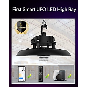 Lumary 22,000Lm Smart Aluminium UFO LED High Bay Light w/Remote, 2700K-6500K Dimmable 150W, Work with Alexa/Google - Hub Required, LED Shop Lights for Hanging Garage Workshop Factory Gym Barn