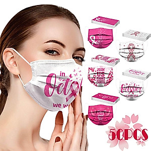 GOGCIAO Breast Cancer Awareness Accessories Disposable Face Cover with Designs for Women,Pink Ribbon Printed Pattern with Nose Wire,50Pcs