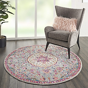 Nourison Passion Grey/Multi 4' x Round Area -Rug, Farmhouse, Transitional, Bed Room, Living Room, Dining Room, Kitchen, Easy -Cleaning, Non Shedding, (4' Round)