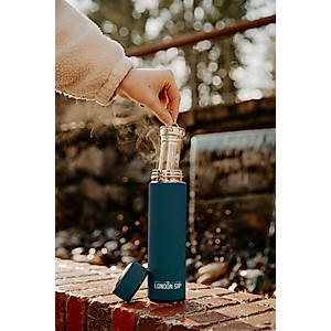 London Sip Multi-Purpose Travel Mug and Tumbler Fruit Infused Flask Hot and Cold Double Wall Stainless Steel Thermos with Extra-Long Infuser, Midnight Teal, Pack of 2