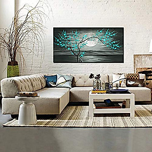Kreative Arts Large Canvas Prints Wall Art Grey and Teal Plum Blossom Tree and Full Moon Landscape Contemporary Painting for Home Living Room Decorations 20x40inch