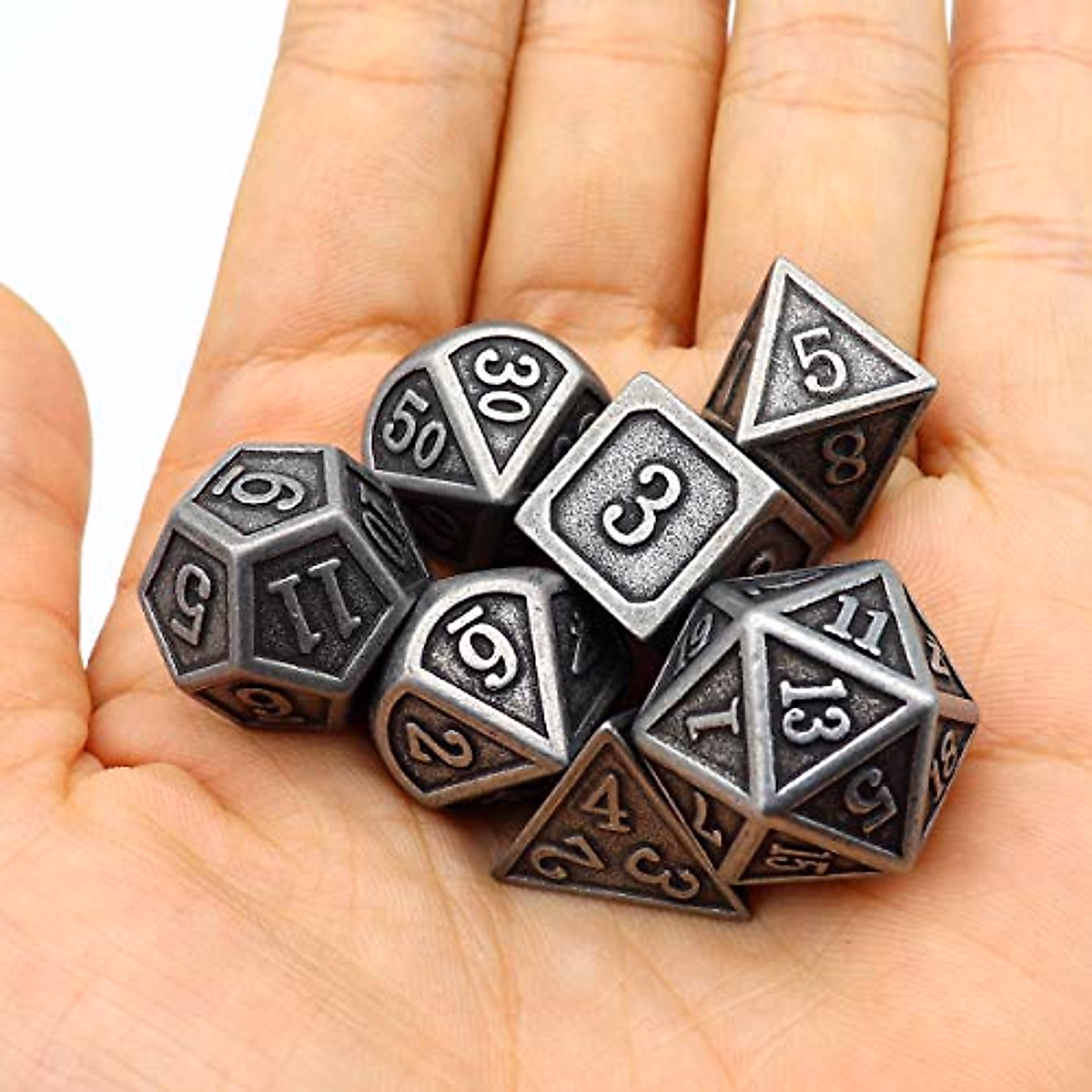 Haxtec Antique Iron Metal DND Dice Set Silver D&D Polyhedral Dice W/PU Leather Dice Bag for Dungeons and Dragons Gift TTRPG