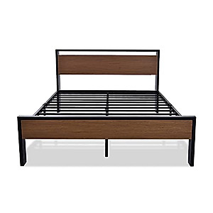 SHA CERLIN 14 Inch Queen Size Metal Platform Bed Frame with Wooden Headboard and Footboard, Mattress Foundation, No Box Spring Needed, Large Under Bed Storage, Non-Slip Without Noise, Walnut