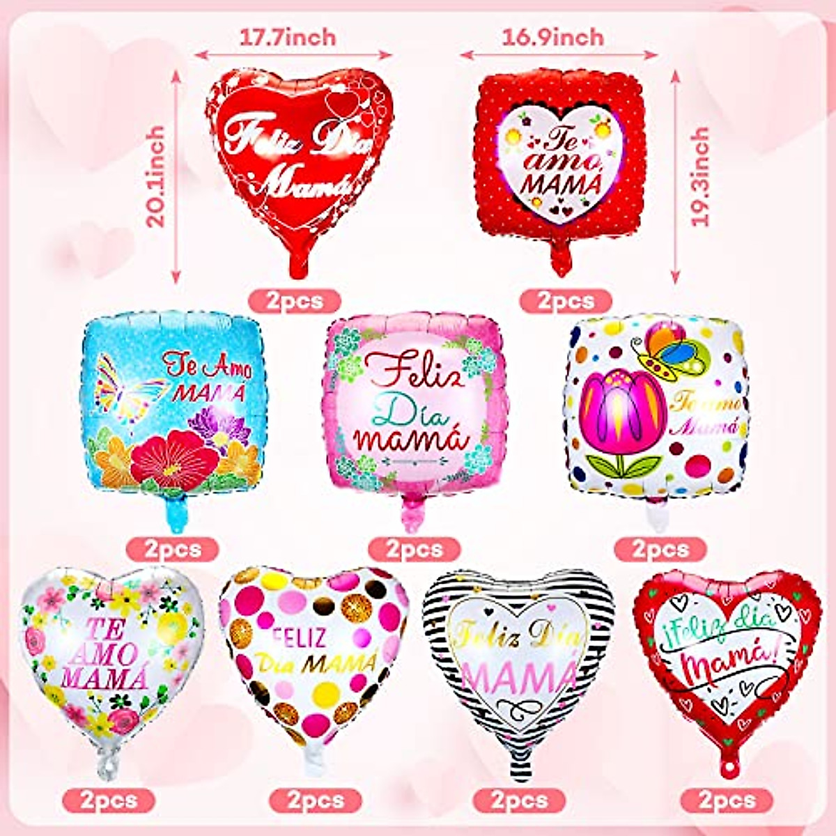 18 Pcs Mother's Day Party Balloons Set Aluminum Foil Happy Mother's Day Balloon Spanish Te Amo Mamá Red Heart Balloons for Mother's Day Party Birthday Decorations Supplies, 9 Styles