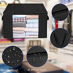 Txtsegose 3 Pack Clothes Storage Bag,Large Capacity Organizer with Reinforced Handle Thick Fabric for Comforters, Blankets, Bedding, Foldable with Sturdy Zipper, Clear Window, Black