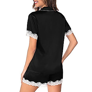 SWOMOG Women's Silk Lace Pajama Sets Satin Button Down Tops Pjs Lace Shorts Bottoms 2 Pcs Sleepwear Lounge Sets with Pockets Black