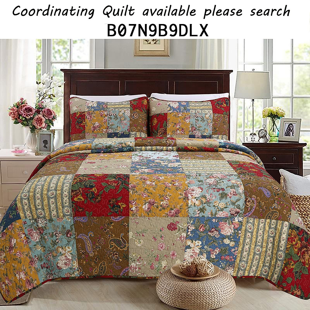 Cozy Line Home Fashions Ryleigh Country Garden Fall Flowers Paisley Plaid Patchwork Window Curtains with Tie Backs Set, 84" x 52", 2 Panels