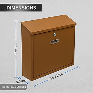 Yoocabinet Mailbox Wall Mount,Large Capacity Locking Mailbox for Outside,Galvanized Steel Cover and Rust-Proof Metal Post Box L Brown
